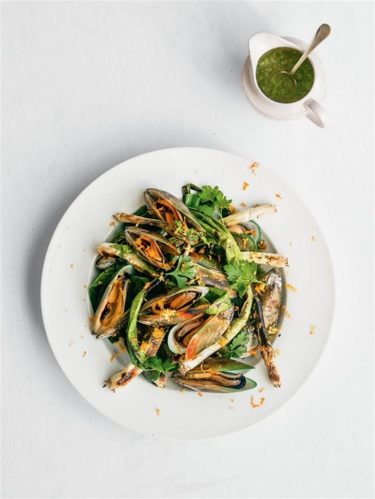 Charred spring onions & mussels with a citrus, garlic, chilli & parsley ...
