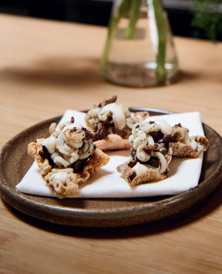 FLASH-FRIED SQUID ON A PUFFED FISH-SKIN CRACKER - Cuisine Magazine ...
