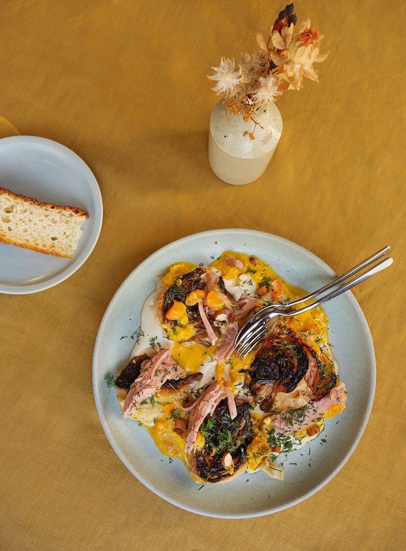 Pickled Pork, Almond Cream, Charred Cabbage & Mandarin Dressing ...