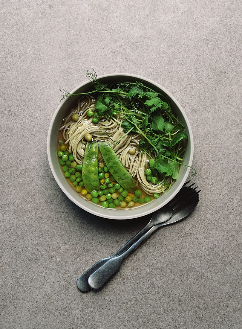 Roasted Pea Pod Summer Broth, Mixed Peas, Soba Noodles & Yuzu Oil ...
