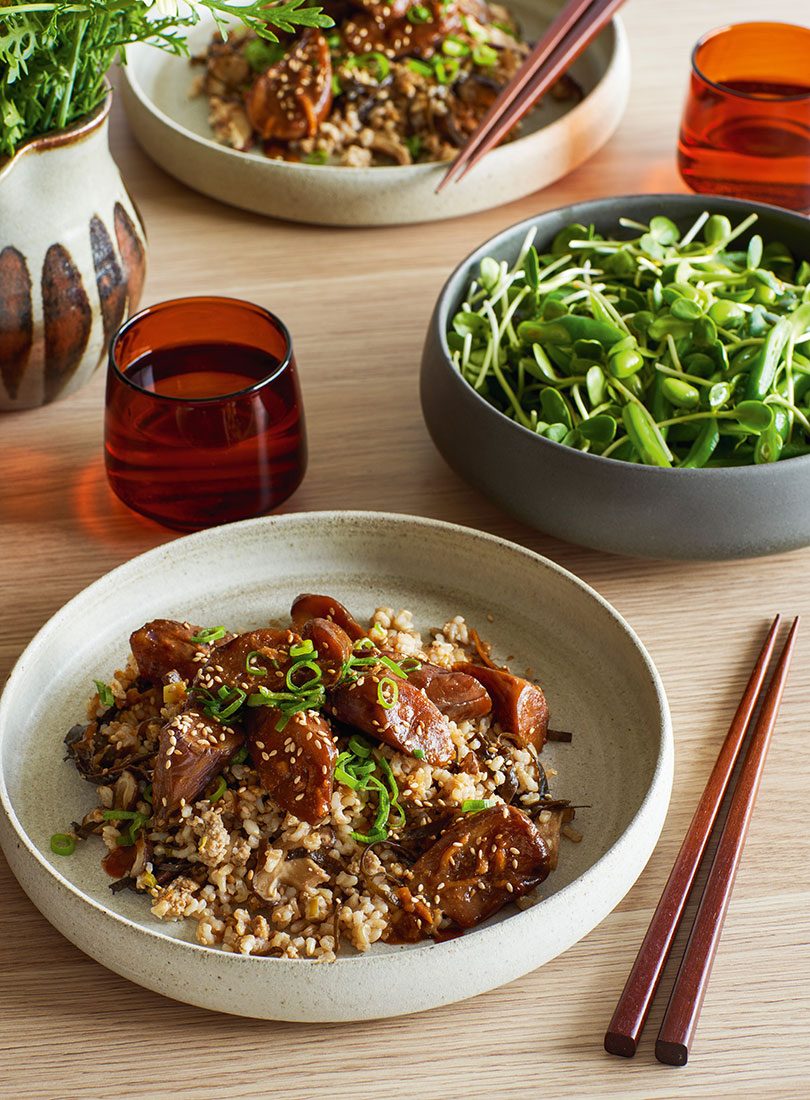 Miso-Braised Eggplant With Sticky Rice & Green Bean Salad - Cuisine ...