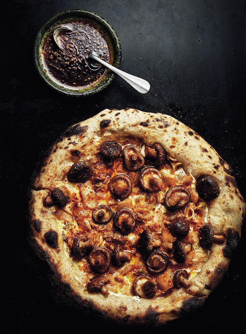 White Pizza With Kimchi & Shiitake Mushrooms Topped With Sweet & Sour ...