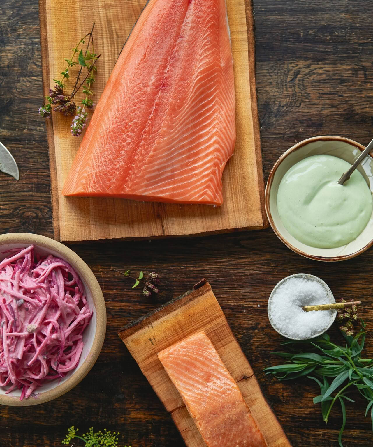 Planked Akaroa Salmon with Celeriac & Beetroot Remoulade & Sorrel Aioli ...